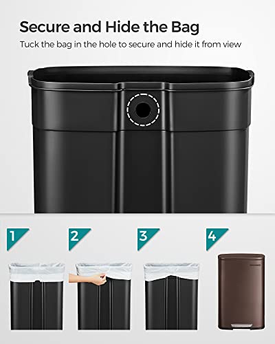 SONGMICS 13 Gallon Trash Can, Stainless Steel Kitchen Garbage Can, Recycling or Waste Bin, Soft Close, Step-On Pedal, Removable Inner Bucket, Brown ULTB50BR