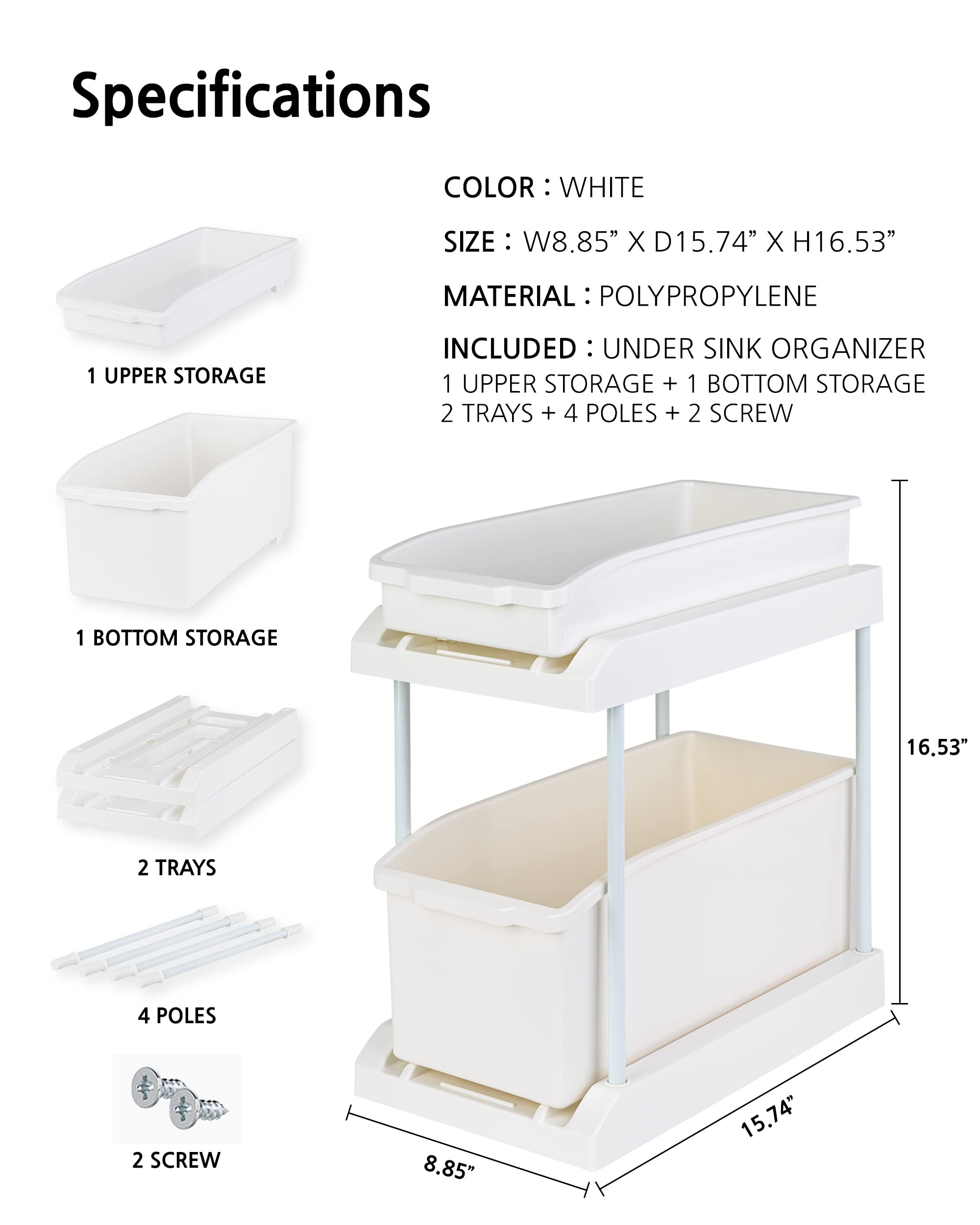COELO Under Sink Organizer 2-Tier Shelf Kitchen Bathroom Cabinet Multi-purpose Multi-use Dish Brush Storage Sponge Holder Standing Rack, White