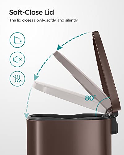 SONGMICS 13 Gallon Trash Can, Stainless Steel Kitchen Garbage Can, Recycling or Waste Bin, Soft Close, Step-On Pedal, Removable Inner Bucket, Brown ULTB50BR