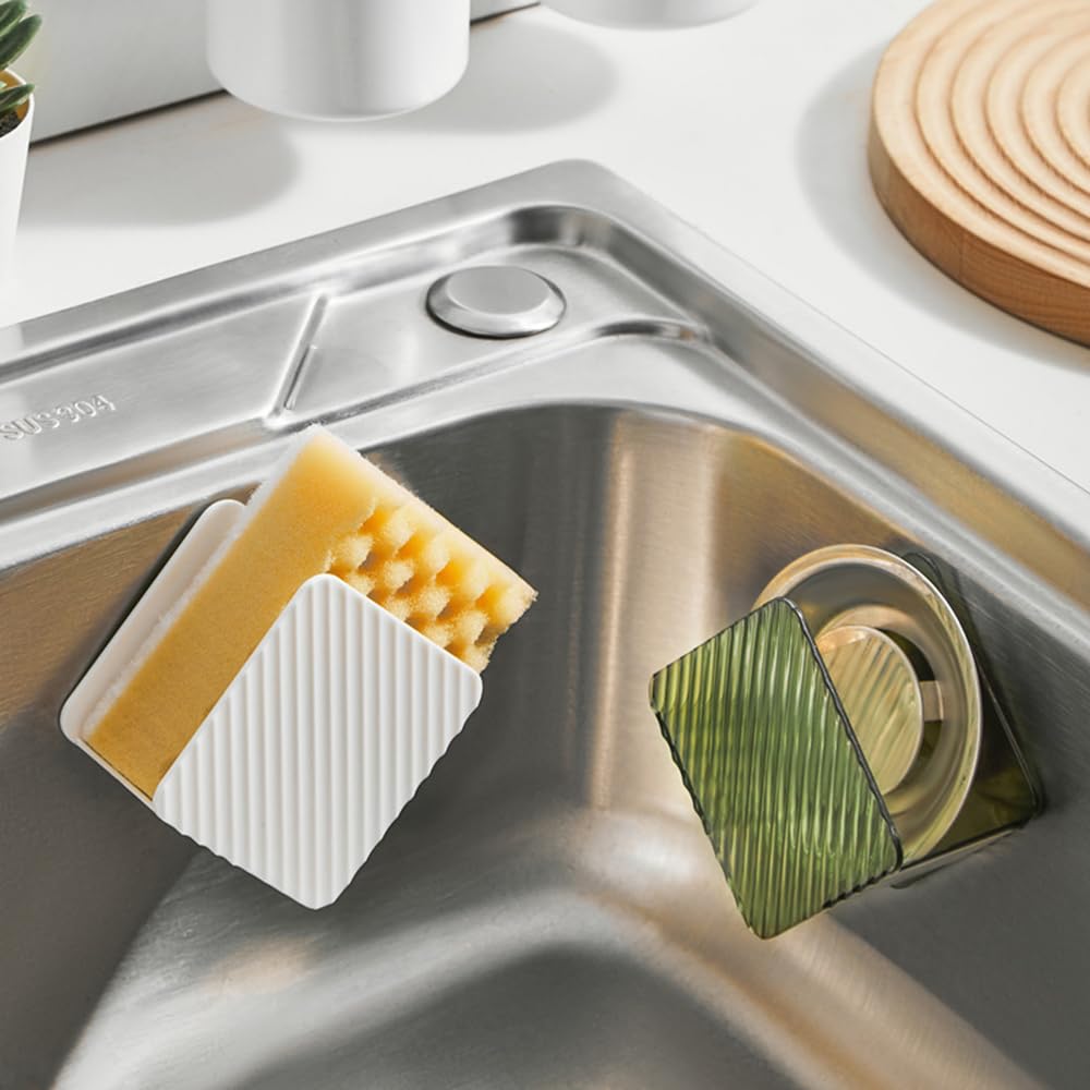 VALINK Sink Sponge Holder, Plastic Sink Sponge Caddy Sink Organizer Cleaning Cloth Storage, Adhesive Sponge Holder for Kitchen Sink White