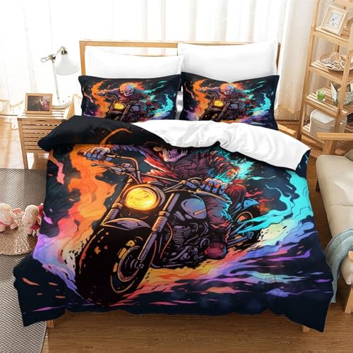 Skeleton Rider Bedding Set Duvet Cover 3D Printed Motorbike Skull Quilt Cover Comforter Covers Microfiber with Pillowcases 3 Pieces for Childrens and Adults with Zipper Closure Twin(173x218cm)