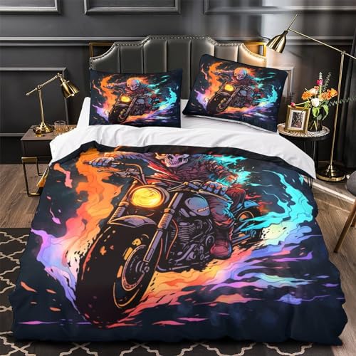 Skeleton Rider Bedding Set Duvet Cover 3D Printed Motorbike Skull Quilt Cover Comforter Covers Microfiber with Pillowcases 3 Pieces for Childrens and Adults with Zipper Closure Twin(173x218cm)