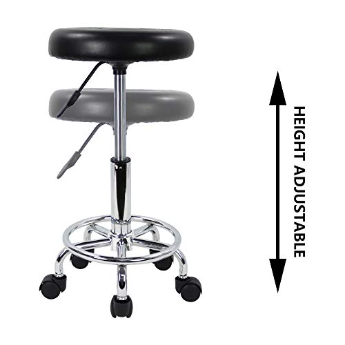 KKTONER PU Leather Modern Round Rolling Stool with Footrest Height Adjustable Spa Drafting Salon Tattoo Work Massage Stools Task Chair Small (Black)