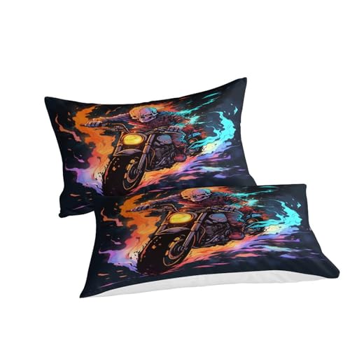 Skeleton Rider Bedding Set Duvet Cover 3D Printed Motorbike Skull Quilt Cover Comforter Covers Microfiber with Pillowcases 3 Pieces for Childrens and Adults with Zipper Closure Twin(173x218cm)