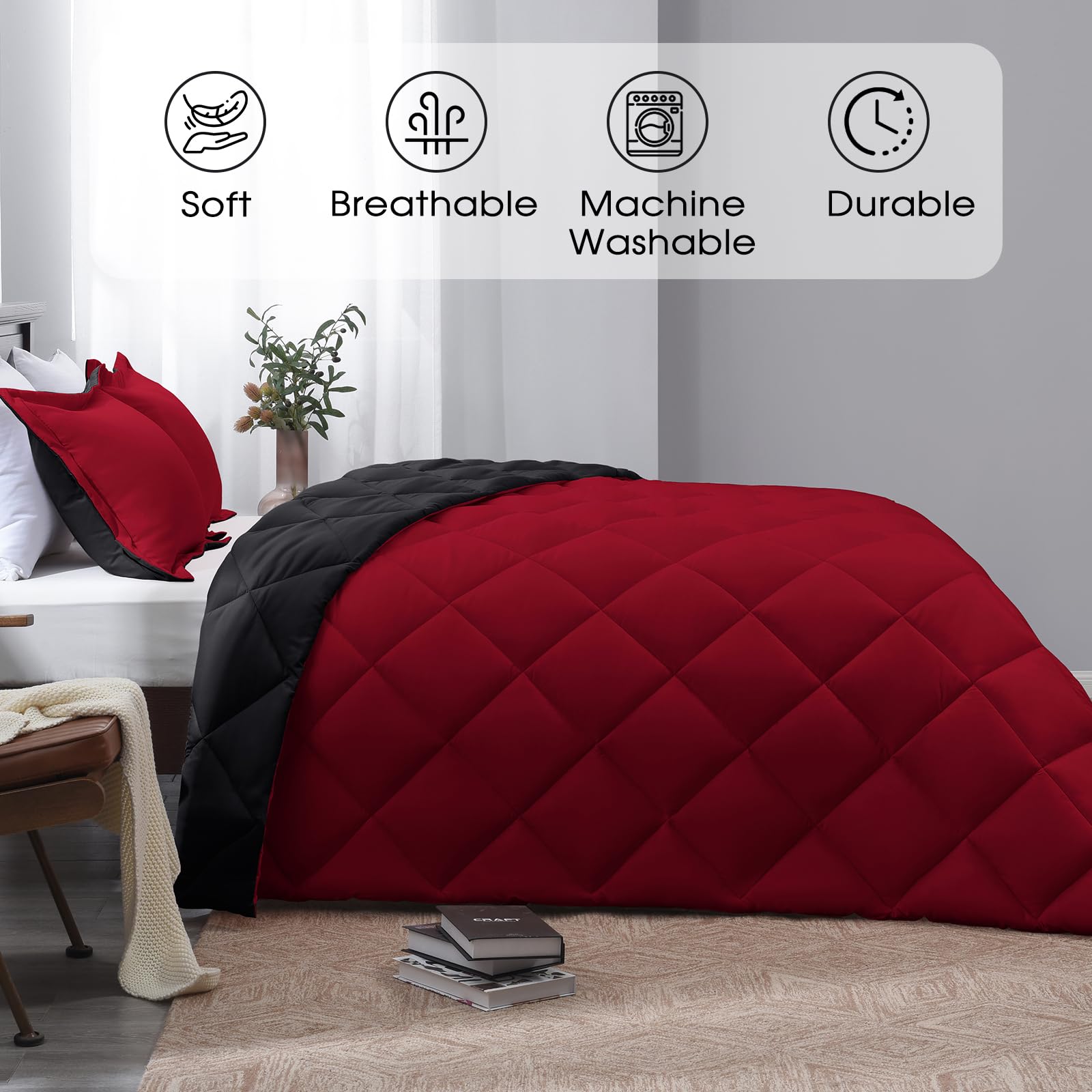 Basic Beyond Twin Comforter Set - Red Twin Comforter Set, Reversible Twin Bed Comforter Set for All Seasons, Black/Red, 1 Comforter (66"x92") and 1 Pillow Sham (20"x26"+2")