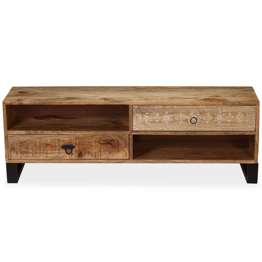 vidaXL Solid Mango Wood TV Stand - Handmade with Steel Legs and Hand-Painted Retro Style - Includes 2 Shelves and 2 Drawers - Brown