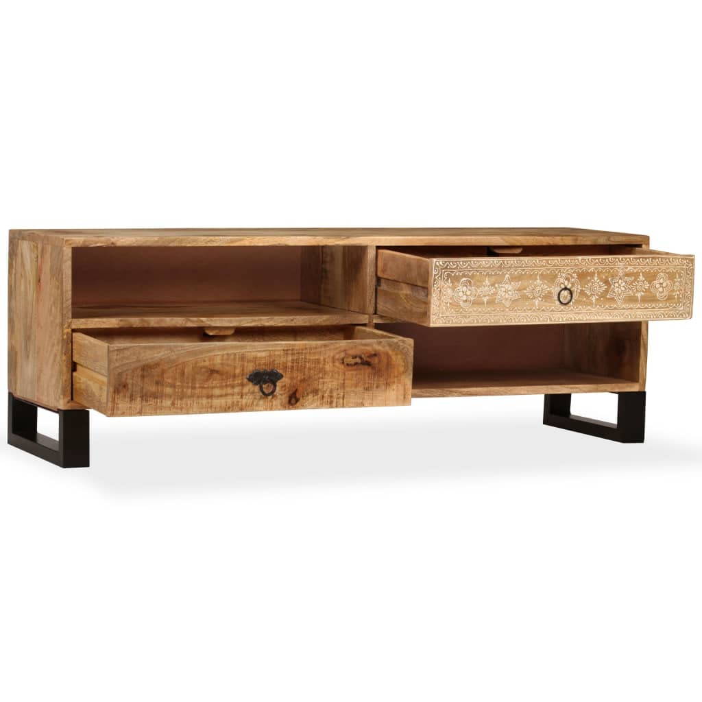 vidaXL Solid Mango Wood TV Stand - Handmade with Steel Legs and Hand-Painted Retro Style - Includes 2 Shelves and 2 Drawers - Brown