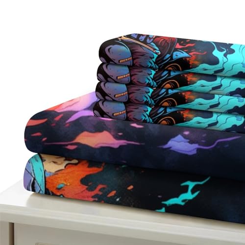 Skeleton Rider Bedding Set Duvet Cover 3D Printed Motorbike Skull Quilt Cover Comforter Covers Microfiber with Pillowcases 3 Pieces for Childrens and Adults with Zipper Closure Twin(173x218cm)