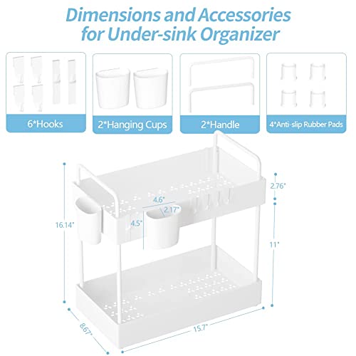 Ormeli Under Sink Organizer, 2 Tier Bathroom Sink Storage Under Cabinet Organizer Baskets Kitchen Countertop Organizer Multi-purpose Bath Collection Baskets with 6 Hooks 2 Hanging Cups (White, 2)
