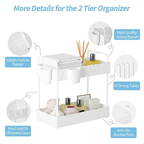 Ormeli Under Sink Organizer, 2 Tier Bathroom Sink Storage Under Cabinet Organizer Baskets Kitchen Countertop Organizer Multi-purpose Bath Collection Baskets with 6 Hooks 2 Hanging Cups (White, 2)