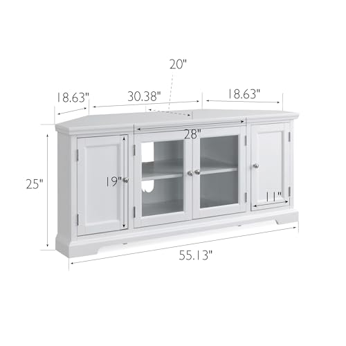 Leick Home Mateo Solid Wood Corner TV Stand for TVs up to 65", 4 Door Entertainment Center, White, Living Room Storage, 85386