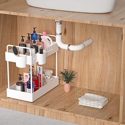 Ormeli Under Sink Organizer, 2 Tier Bathroom Sink Storage Under Cabinet Organizer Baskets Kitchen Countertop Organizer Multi-purpose Bath Collection Baskets with 6 Hooks 2 Hanging Cups (White, 2)