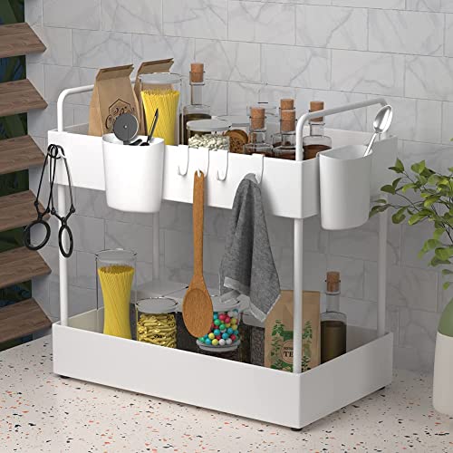 Ormeli Under Sink Organizer, 2 Tier Bathroom Sink Storage Under Cabinet Organizer Baskets Kitchen Countertop Organizer Multi-purpose Bath Collection Baskets with 6 Hooks 2 Hanging Cups (White, 2)