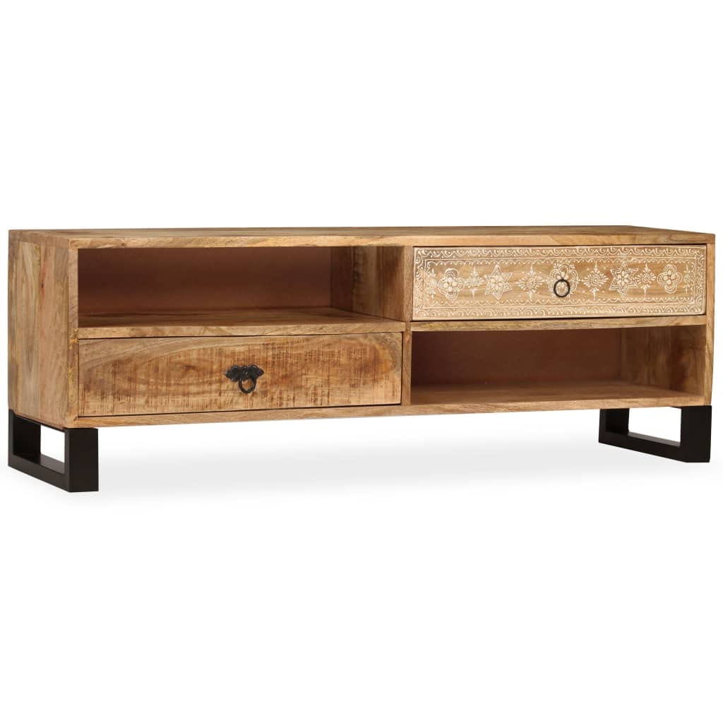 vidaXL Solid Mango Wood TV Stand - Handmade with Steel Legs and Hand-Painted Retro Style - Includes 2 Shelves and 2 Drawers - Brown