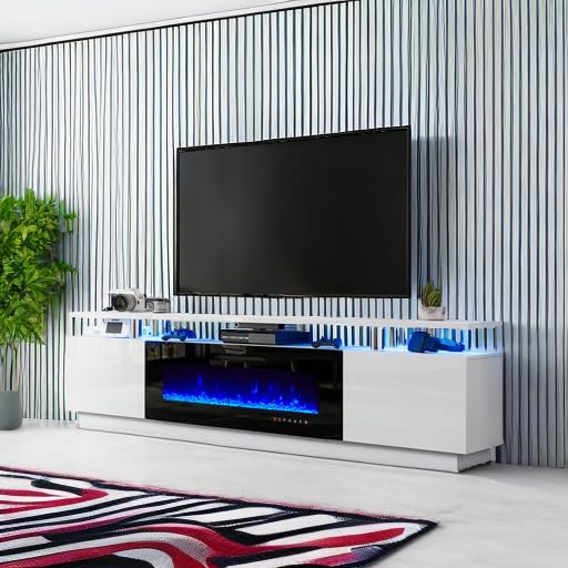 LUXOAK 80" Fireplace TV Stand, Modern High Gloss Finish Media Console with 40" Electric Fireplace, Open Storage Entertainment Center for TVs Up to 90" with LED Lights, White