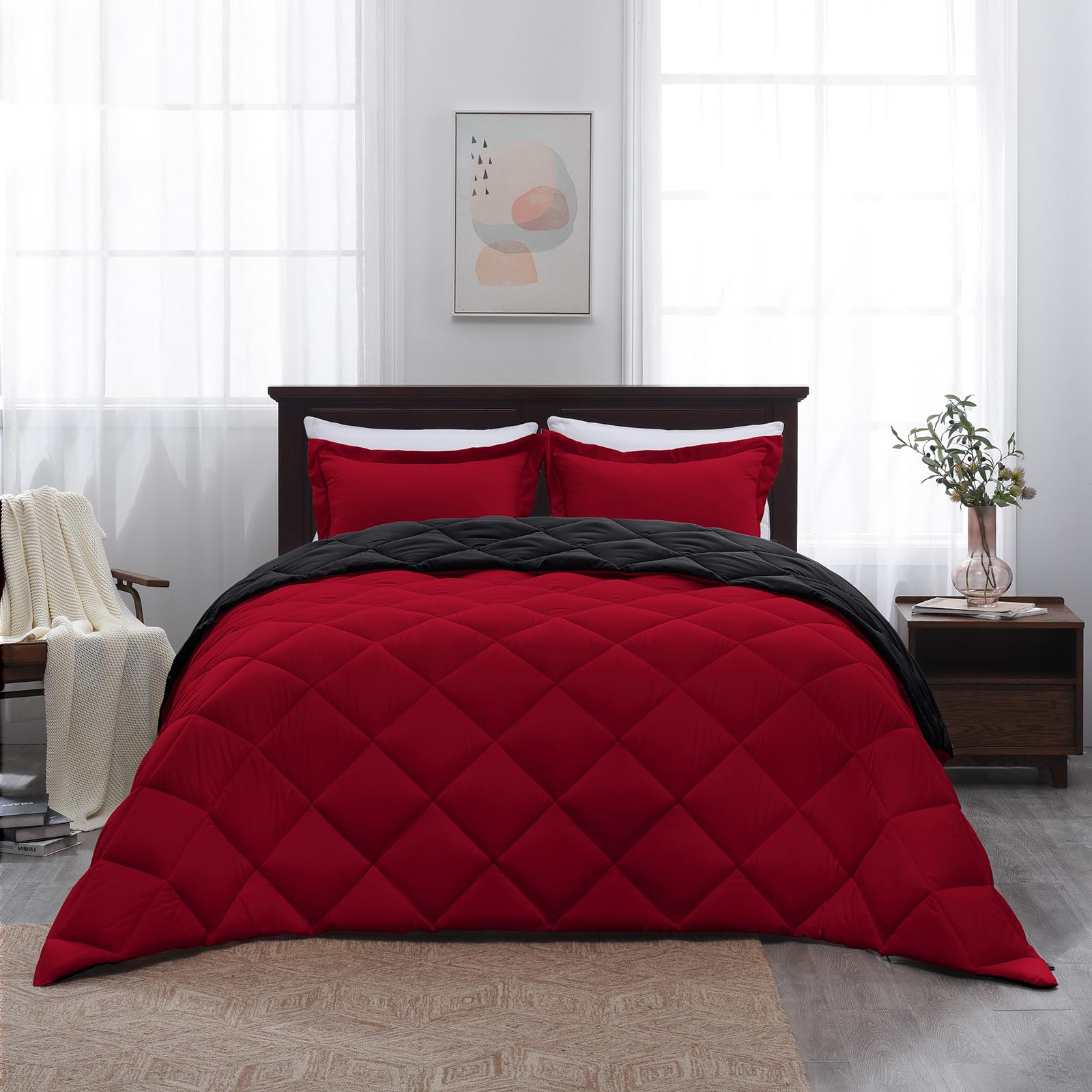 Basic Beyond Twin Comforter Set - Red Twin Comforter Set, Reversible Twin Bed Comforter Set for All Seasons, Black/Red, 1 Comforter (66"x92") and 1 Pillow Sham (20"x26"+2")