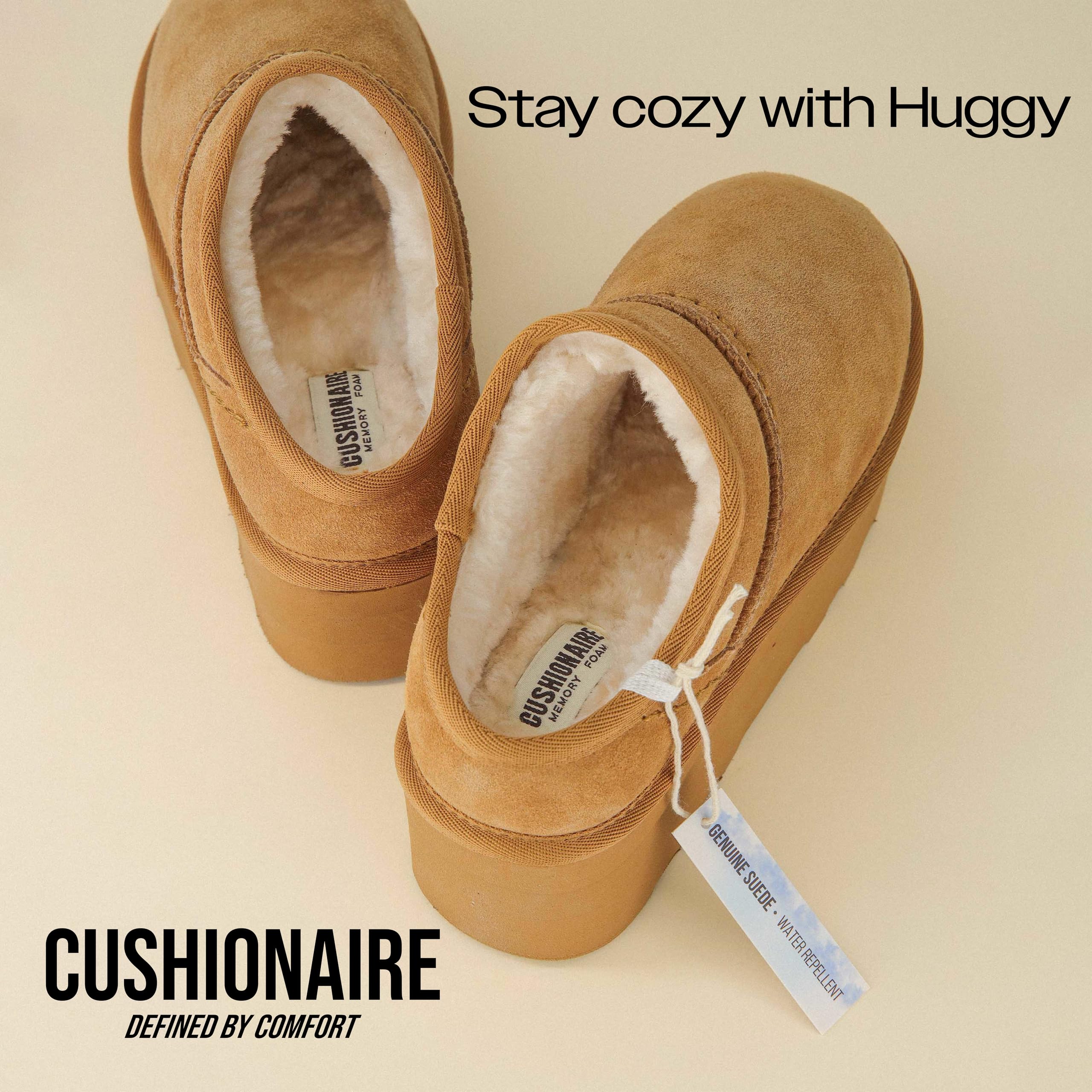 CUSHIONAIRE Women's Huggy Genuine Suede Cozy Mule Platform +Memory Foam, Wide Widths Available, Sand 7.5