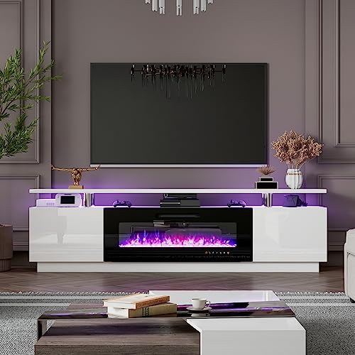 LUXOAK 80" Fireplace TV Stand, Modern High Gloss Finish Media Console with 40" Electric Fireplace, Open Storage Entertainment Center for TVs Up to 90" with LED Lights, White