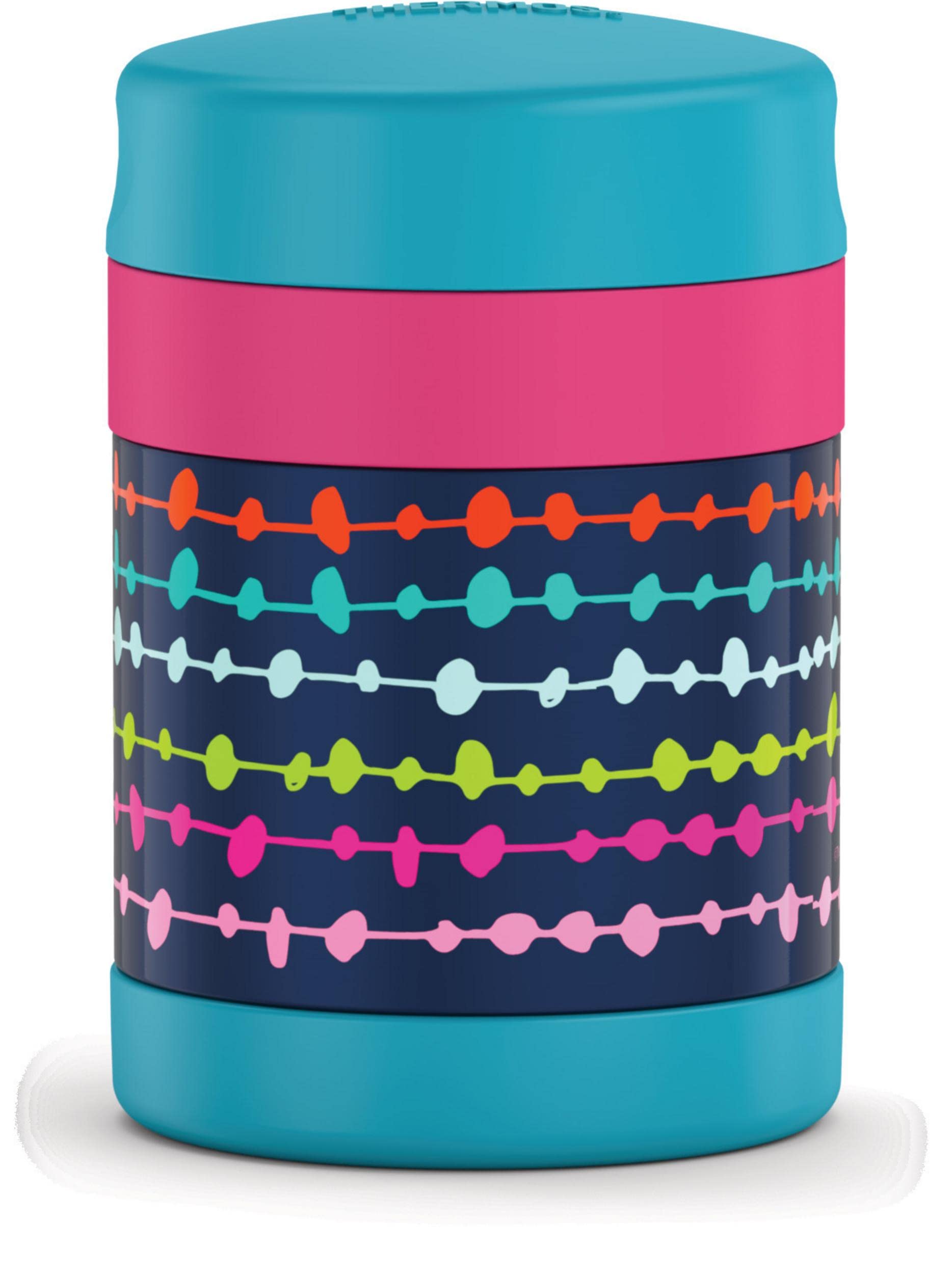 Thermos Stainless Steel Vacumm Insulated 10 Ounce Food Jar with Spoon, Navy Lines And Dots