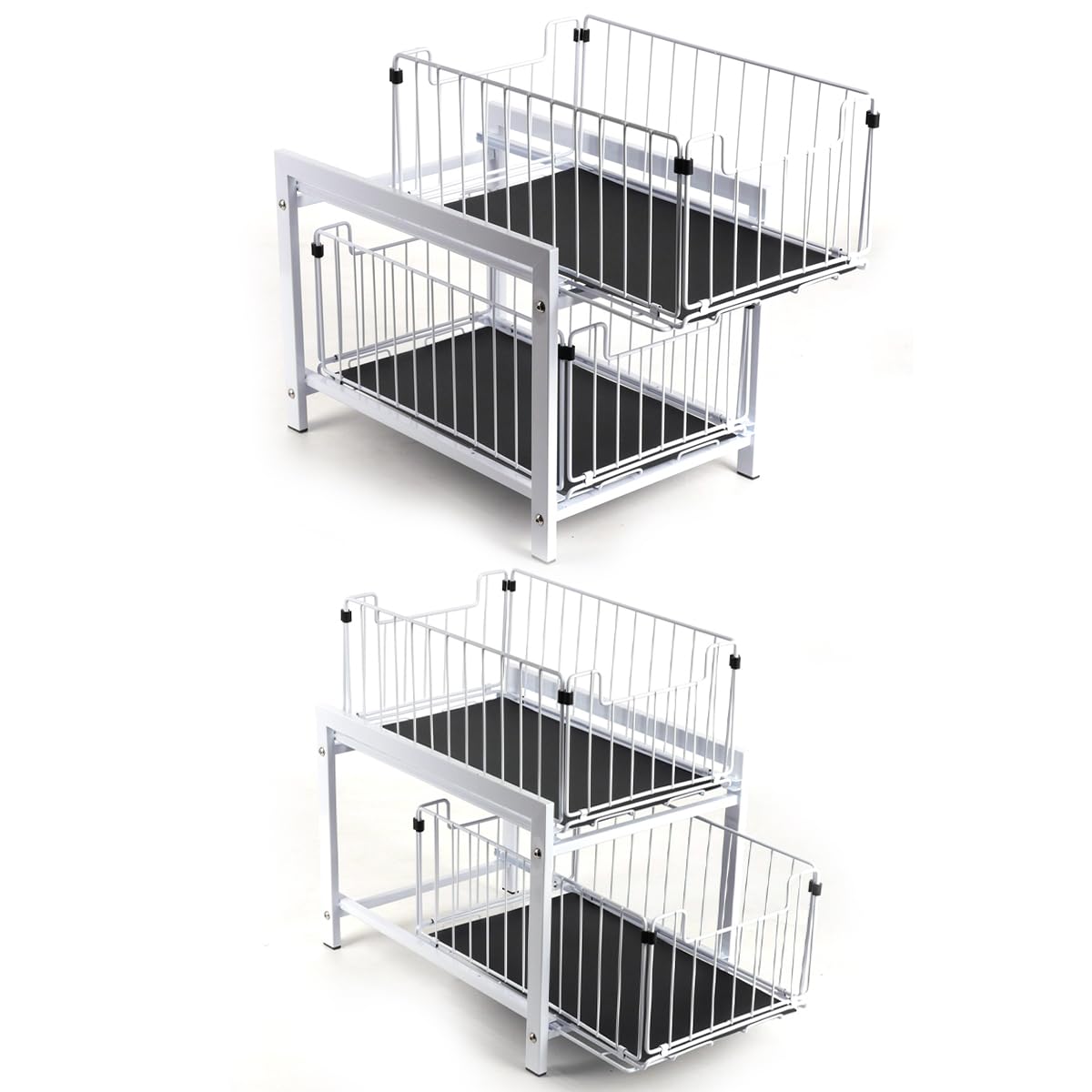IIF Under Sink Organiser White 2 Tier Sliding Basket Drawers Storage Organisation Pull out Sink Shelf Cabinet Rack for Bathroom Kitchen Pantry