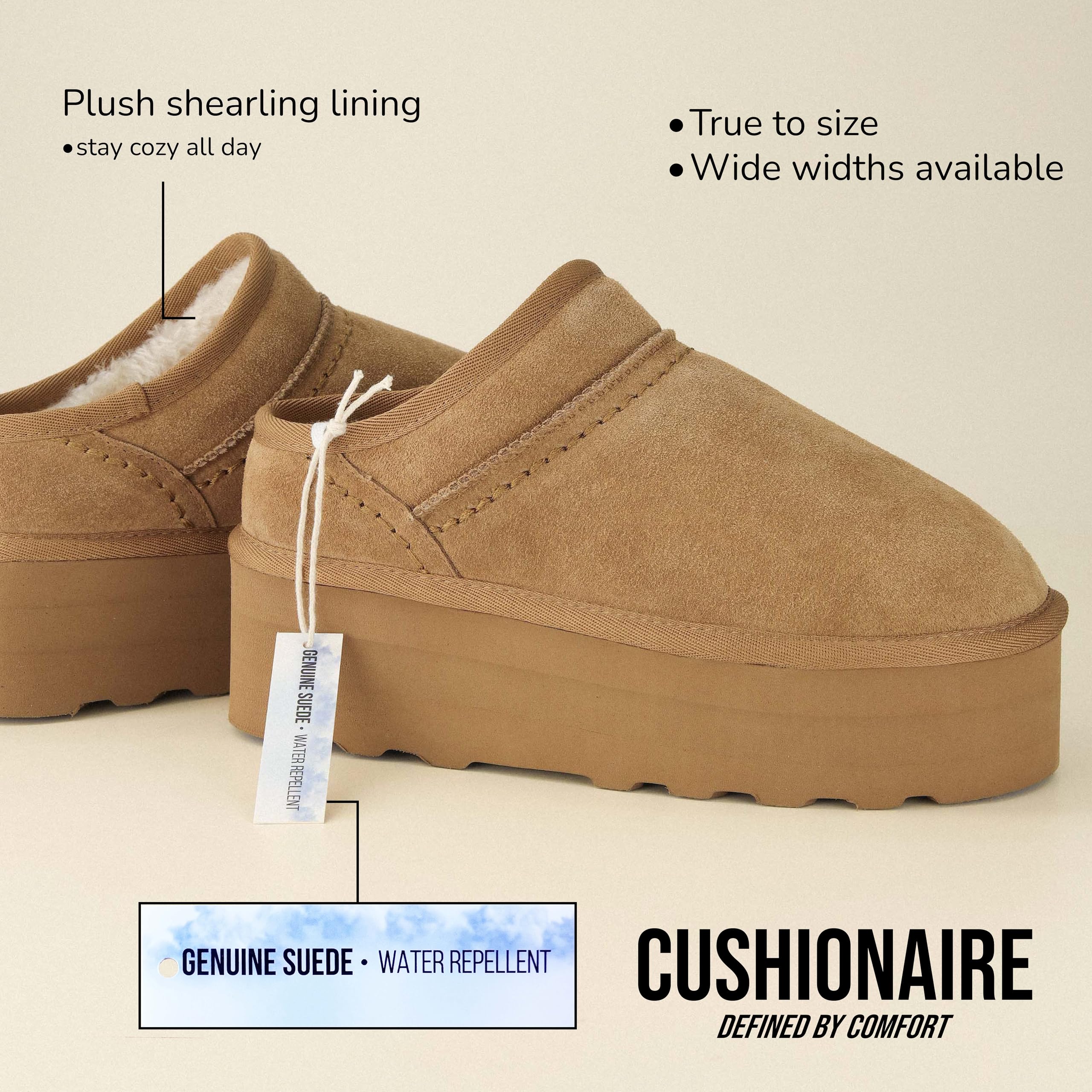 CUSHIONAIRE Women's Huggy Genuine Suede Cozy Mule Platform +Memory Foam, Wide Widths Available, Sand 7.5