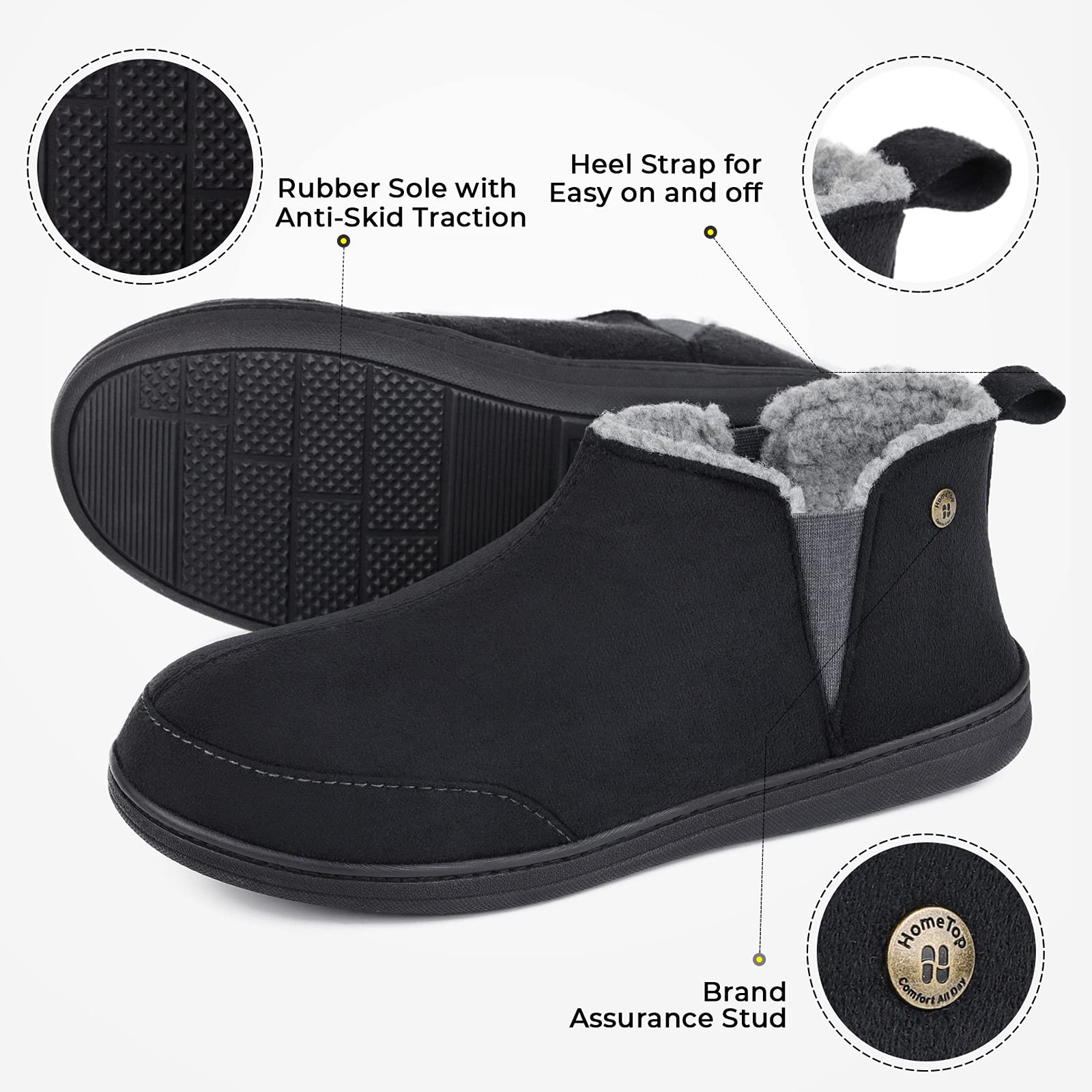 HomeTop Men's Bootie Slippers Comfy Warm Soft Non-slip Indoor Memory Foam House Shoes with Elastic Gores (12, Black)