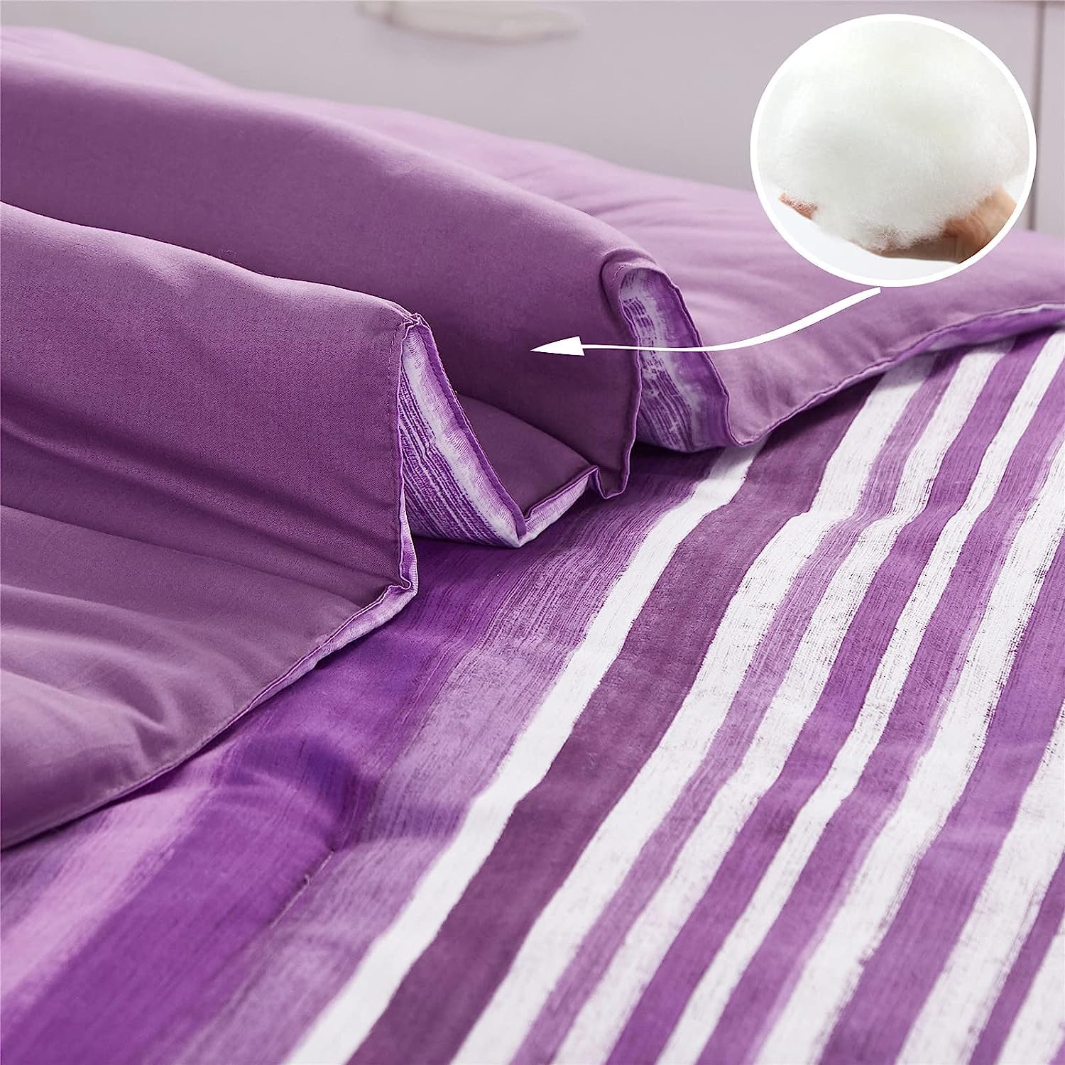 KAKIJUMN 5 Piece Bed in a Bag Stripe Comforter Set Twin Size, White and Purple Patchwork Striped Comforter and Sheet Set, All Season Soft Microfiber Complete Bedding Sets(Purple,Twin)