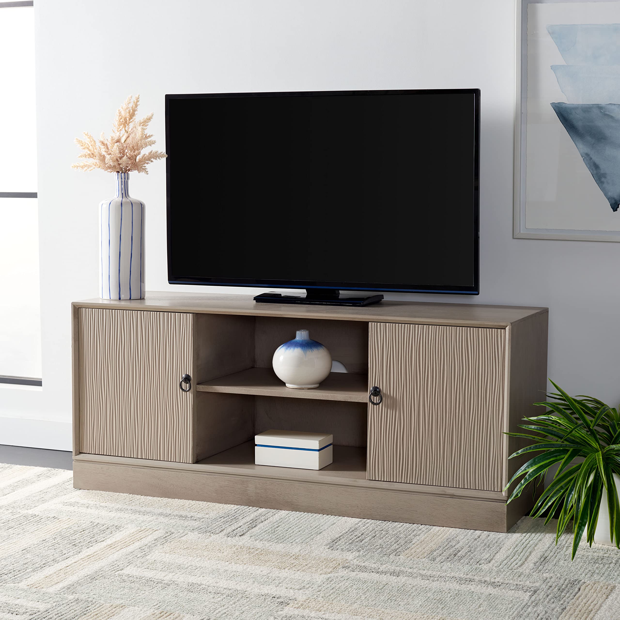 SAFAVIEH Home Collection Aliyah Greige 2-Door 1-Shelf Entertainment Media Stand up to 55" Flatscreen TV