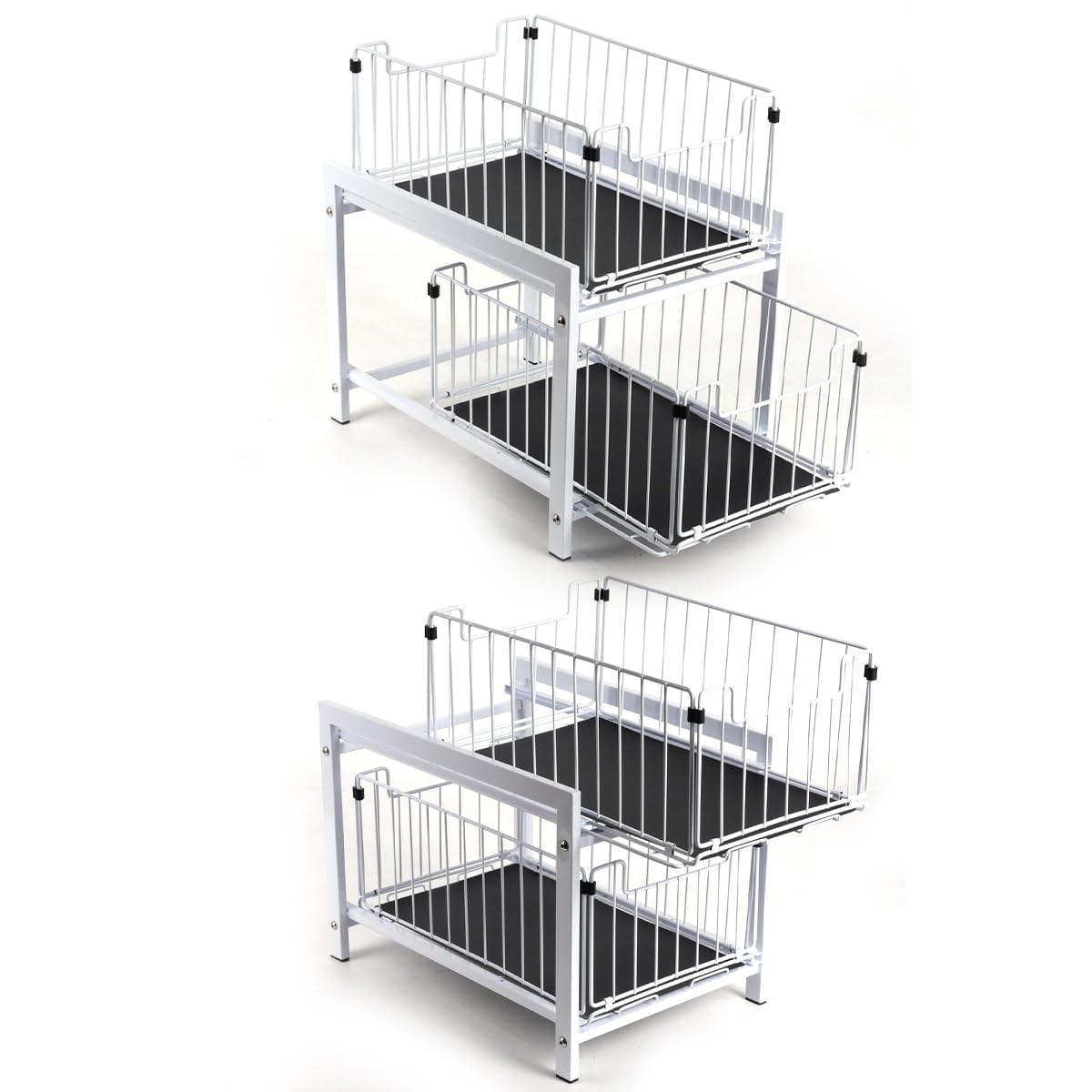 IIF Under Sink Organiser White 2 Tier Sliding Basket Drawers Storage Organisation Pull out Sink Shelf Cabinet Rack for Bathroom Kitchen Pantry