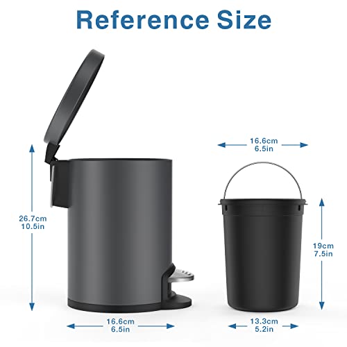 H+lux Small Trash Can with Lid, Round Garbage Can with Foot Pedal, Removable Inner Wastebasket, Anti-Fingerprint Matt Finish, 0.8Gal/3L, Grey