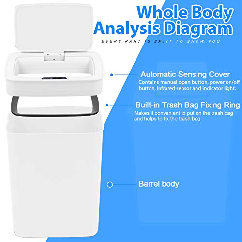 Bathroom Trash Can, 3.7Gallon/14Liter for Bathroom | Bedroom Automatic Garbage Cans with Lid Rectangular Bathroom Trash Can for Cupboard/Bathroom/Bedroom/Office/Camping/RV-White