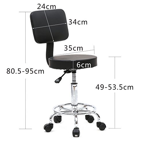 SoSo-BanTian1989 Hydraulic Swivel Salon Stool, Tattoo Massage Facial Spa Chair Footrest Stool with Backrest/Wheels, Height Adjustable, PU Leather Cushion (Black+Silver)