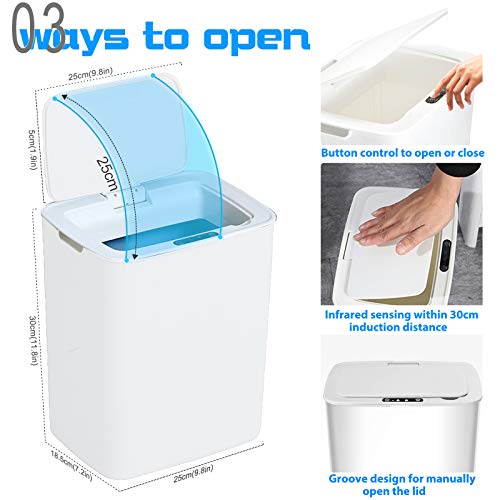 Bathroom Trash Can, 3.7Gallon/14Liter for Bathroom | Bedroom Automatic Garbage Cans with Lid Rectangular Bathroom Trash Can for Cupboard/Bathroom/Bedroom/Office/Camping/RV-White