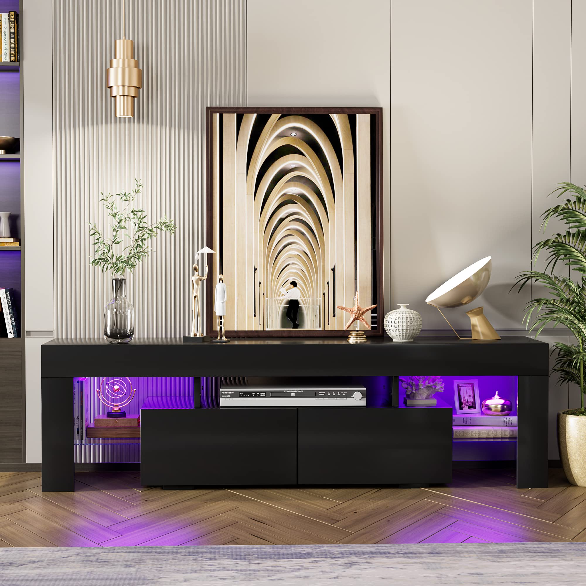 JUMMICO TV Stand, Modern Lighting TV Cabinet Entertainment Center Media and Open Shelf, TV Console Table with 1 Drawer and Remote Control, 20 Color LED Lights up to 70 Inch TV (Black)