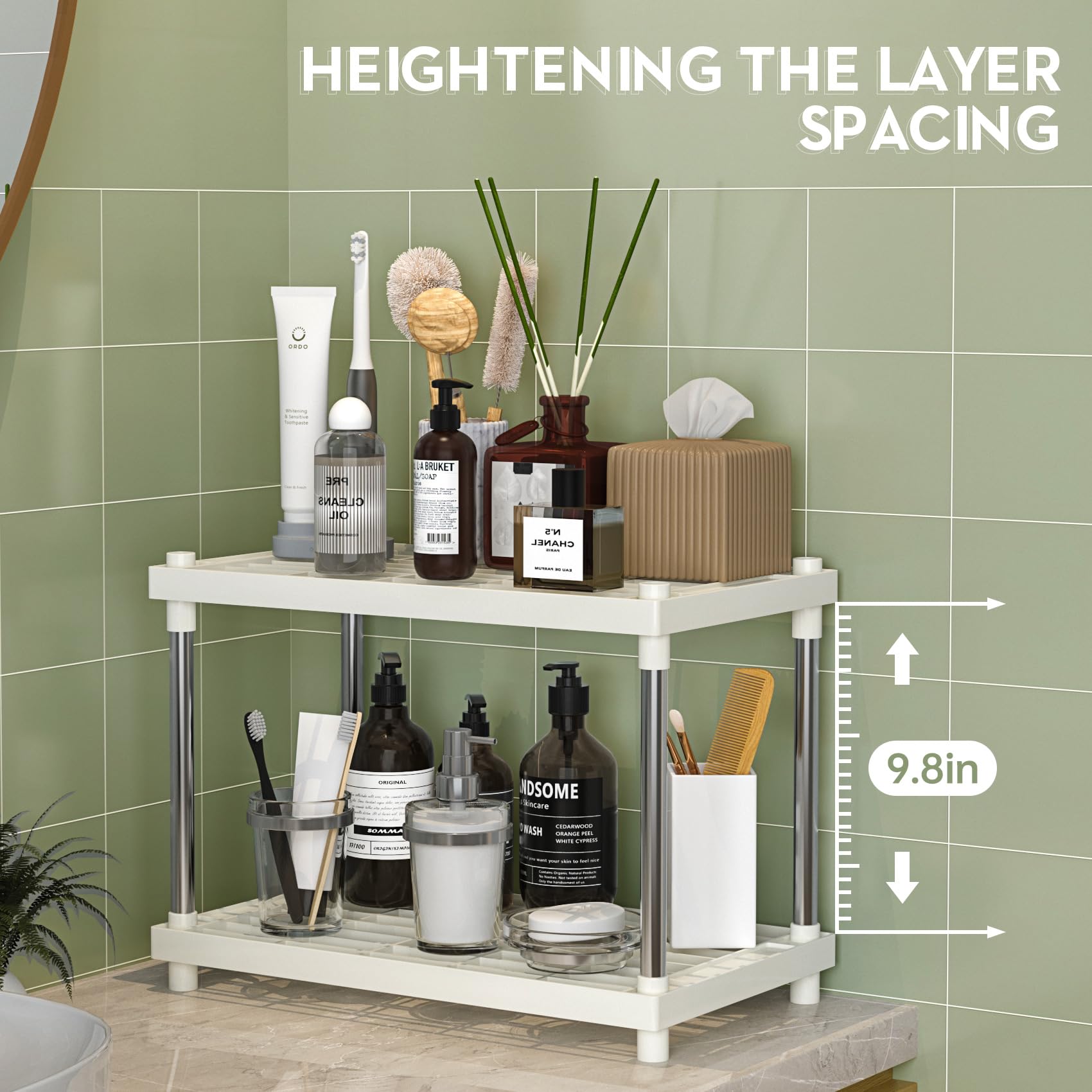 LEAIJIAFY 2 Tier White Plastic Bathroom Organizer Countertop Storage Shelf,Counter Under Sink Standing Shelf Vanity Organizer for Kitchen,Makeup Organizer for Bathroom Cabinet,13MM Metal Tubes