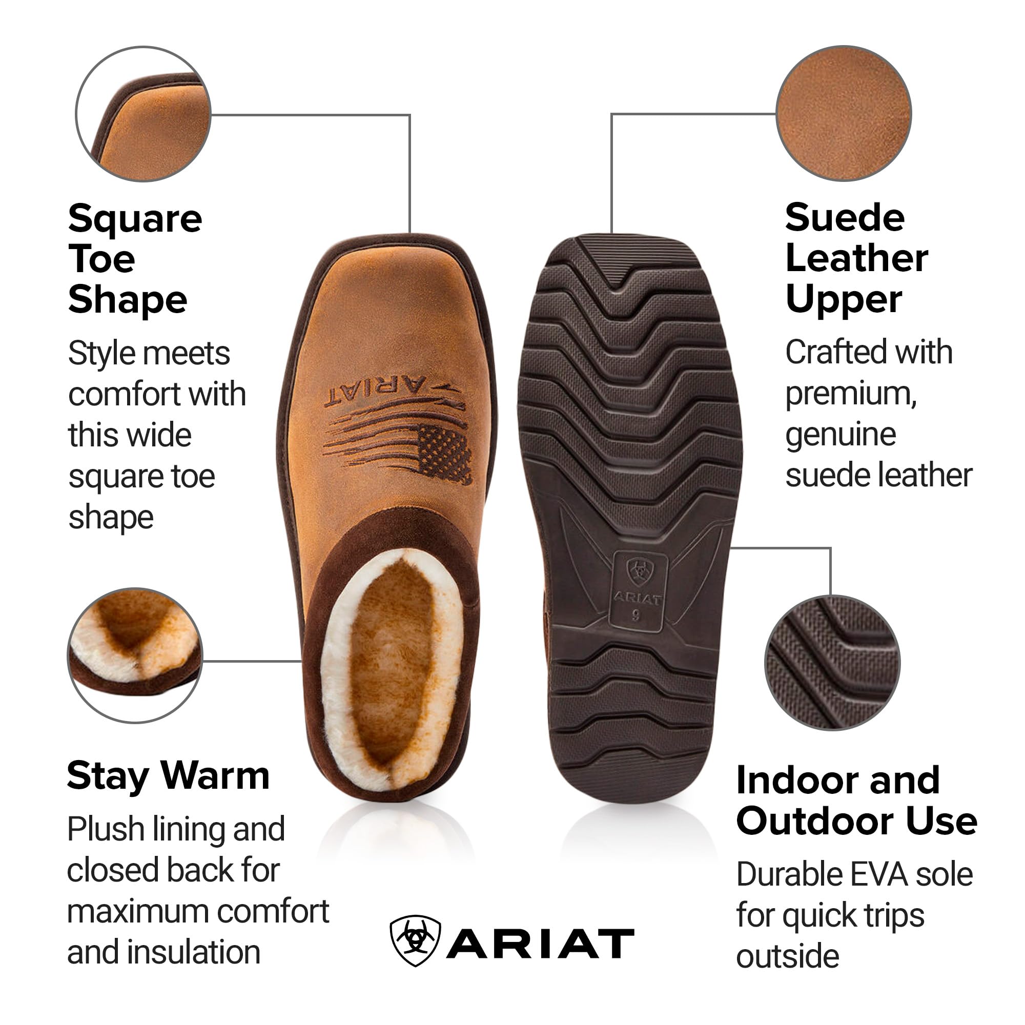 ARIAT Men's House Slippers, Patriot Square Toe, Leather with Faux Shearling Lining