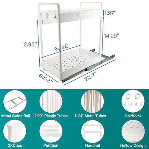 Keiasau Under Sink Organizer and Storage Shelf Pull Out Bathroom Undersink Cabinet Organization Rack with 2 Tier Drawer Baskets for Home Pantry Counter Vanity Countertop Organizing Containers White