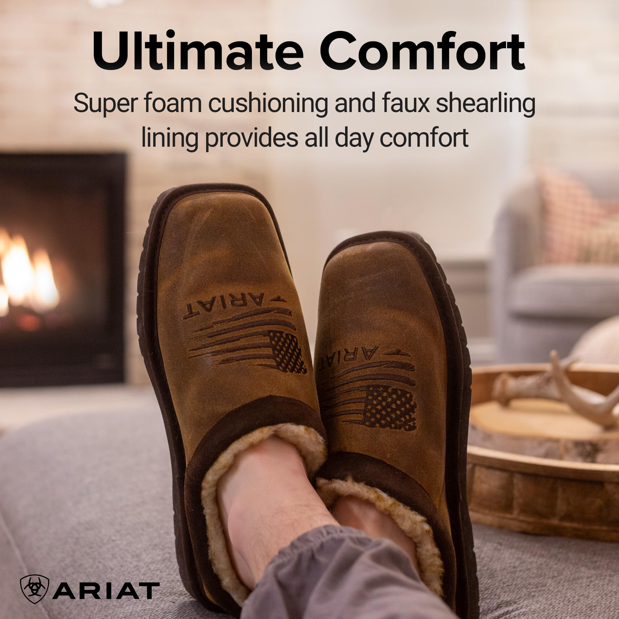 ARIAT Men's House Slippers, Patriot Square Toe, Leather with Faux Shearling Lining