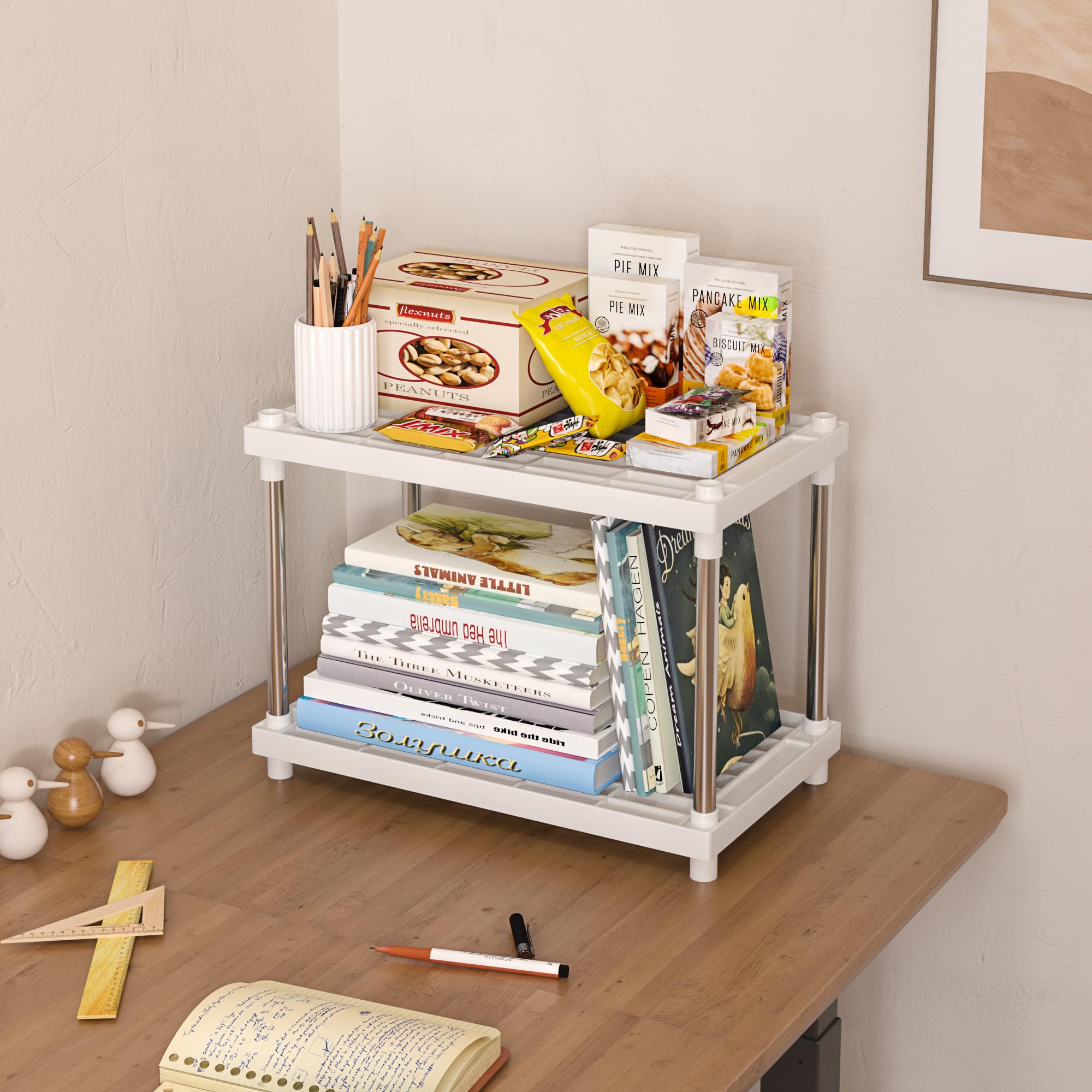 LEAIJIAFY 2 Tier White Plastic Bathroom Organizer Countertop Storage Shelf,Counter Under Sink Standing Shelf Vanity Organizer for Kitchen,Makeup Organizer for Bathroom Cabinet,13MM Metal Tubes