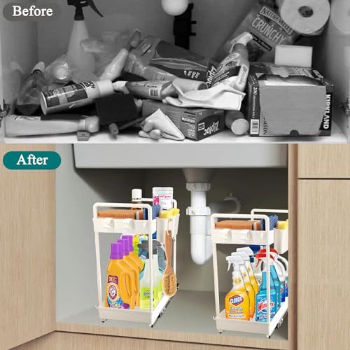 Keiasau Under Sink Organizer and Storage Shelf Pull Out Bathroom Undersink Cabinet Organization Rack with 2 Tier Drawer Baskets for Home Pantry Counter Vanity Countertop Organizing Containers White