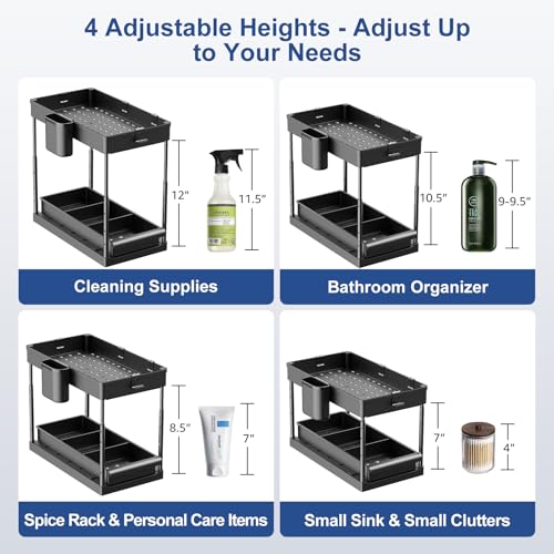 ESSBLIN Under Sink Organizer, Height Adjustable,2 Pack Black Under Bathroom Cabinet Storage with Hooks Hanging Cup,2 Tier Sturdy Large Capacity Pull Out Drawer for Kitchen Cleaning Supplies