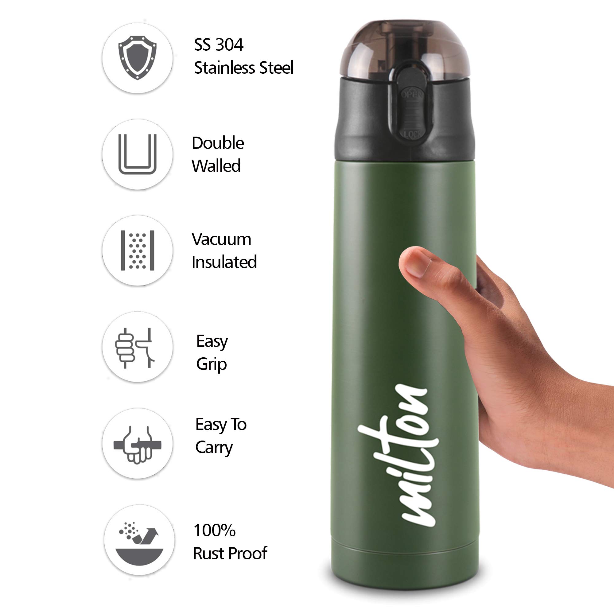 MILTON New Crown 400 Thermosteel 24 Hours Hot and Cold Water Bottle, 350 ml, Green | Easy to Carry | Office, Hiking, Trekking, Travel, Gym, Home, Kitchen Bottle