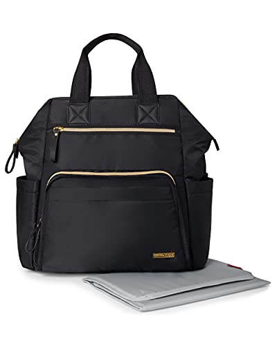 Skip Hop Diaper Bag Backpack: Mainframe Large Capacity Wide Open Structure with Changing Pad & Stroller Attachement, Black with Gold Trim