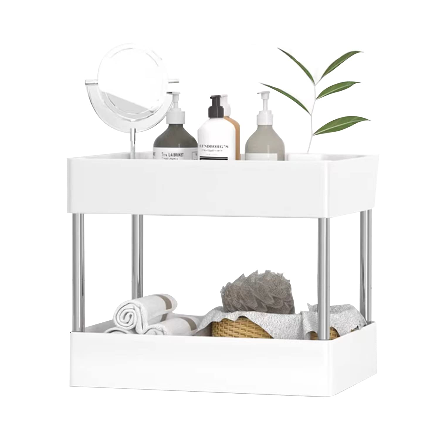 AntDesign Under Sink Organizer Kitchen Cabinet Storage, 2 Tiers Under Cabinet Bathroom Under Sink Shelf Basket Multi-purpose and Large Capacity with Hooks (White)