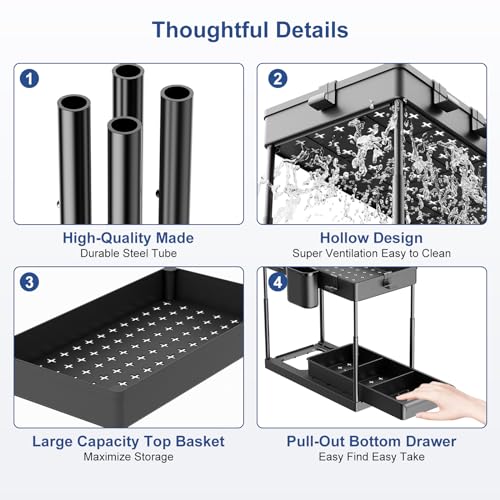 ESSBLIN Under Sink Organizer, Height Adjustable,2 Pack Black Under Bathroom Cabinet Storage with Hooks Hanging Cup,2 Tier Sturdy Large Capacity Pull Out Drawer for Kitchen Cleaning Supplies