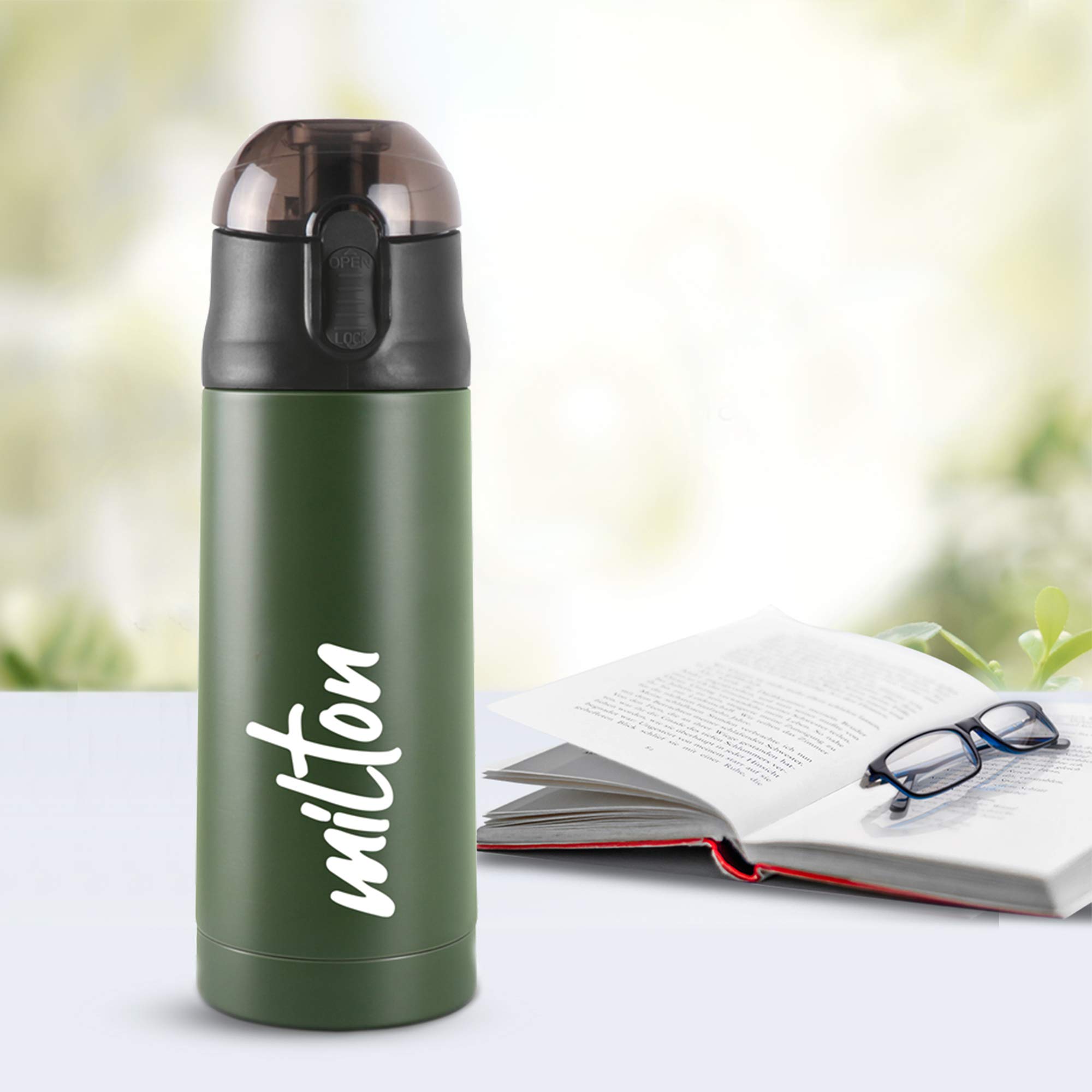 MILTON New Crown 400 Thermosteel 24 Hours Hot and Cold Water Bottle, 350 ml, Green | Easy to Carry | Office, Hiking, Trekking, Travel, Gym, Home, Kitchen Bottle