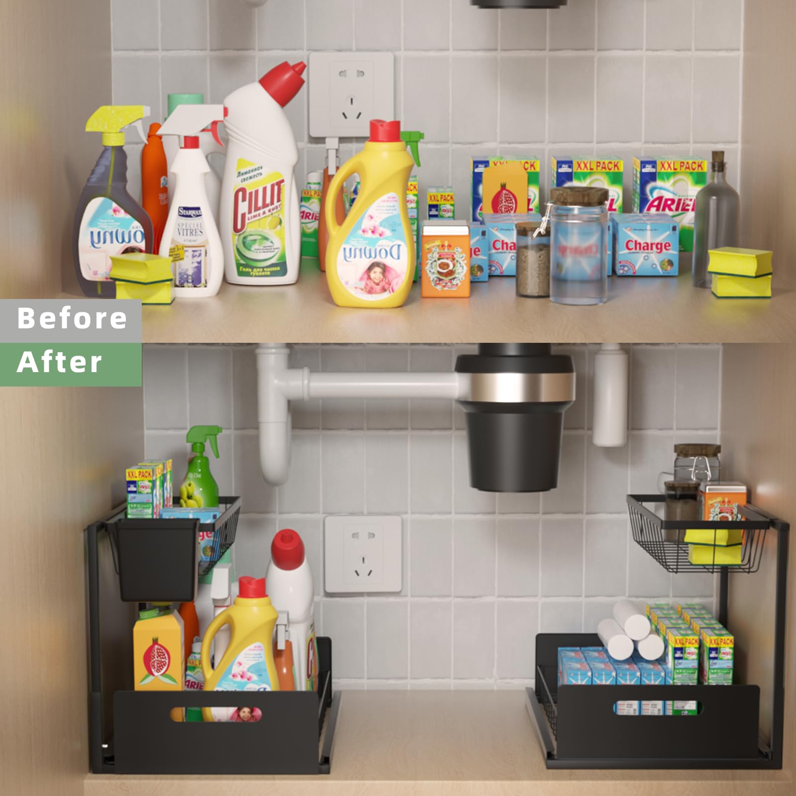 ZHLMIEEX Under Sink Organizer, Pull Out Cabinet Organizer 2-Tier L Shaped Metal Slide Out Sliding Shelf Under Cabinet Storage Multi-Use for Under Kitchen Bathroom Sink Organizers and Storage