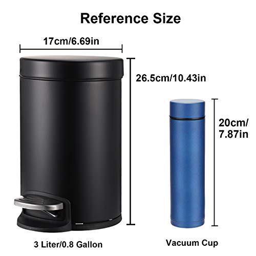 YCTEC 0.8 Gallon/3 Liter Mini Trash Can with Lid Soft Close and Removable Inner Waste Basket, Round Small Garbage Can, Step Trash Bin for Bathroom Bedroom Office Nursery, Steel Pedal, Black