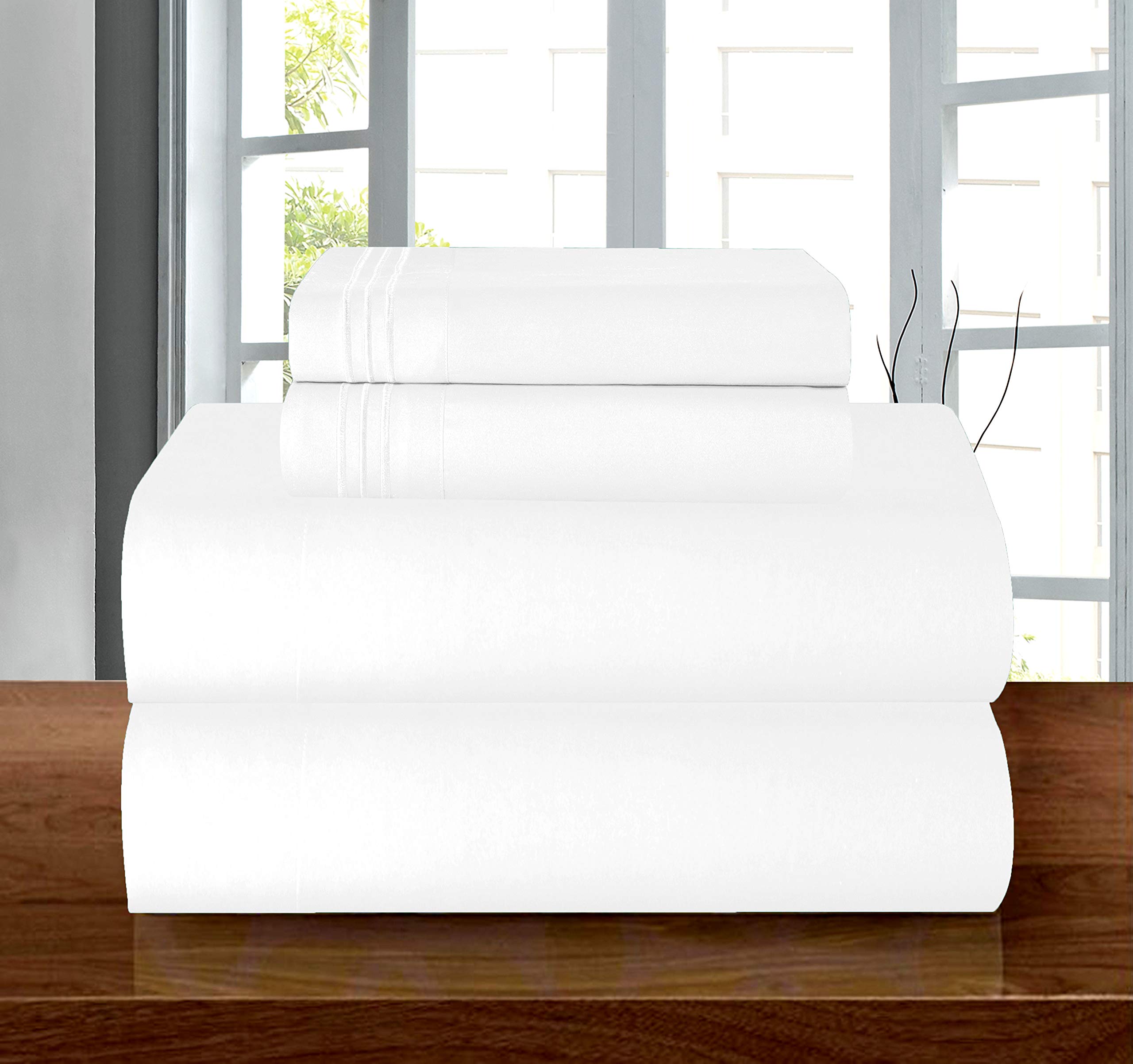 Elegant Comfort Luxury 1500 Premium Hotel Quality Microfiber 4-Piece Sheet Set - Wrinkle Resistant, All Around Elastic Fitted Sheet, Deep Pocket up to 16", Twin/Twin XL, White