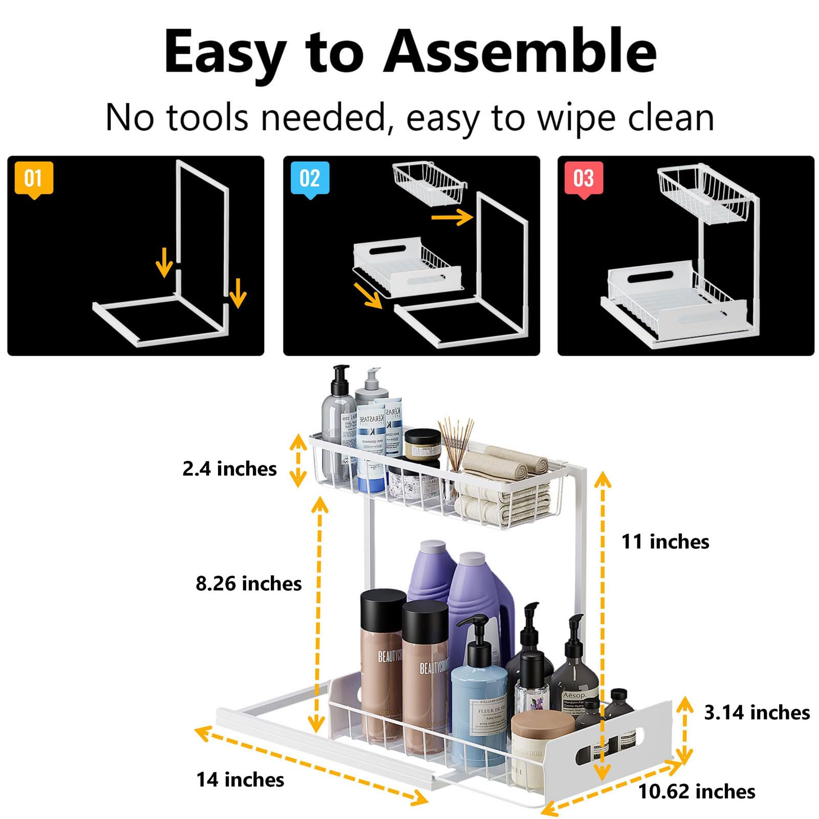 Ceetug Under Sink Organizers and Storage 2 Tier Slide Out Kitchen Cabinet Organizer Sturdy Metal Bathroom Storage (White, 1 Pack)